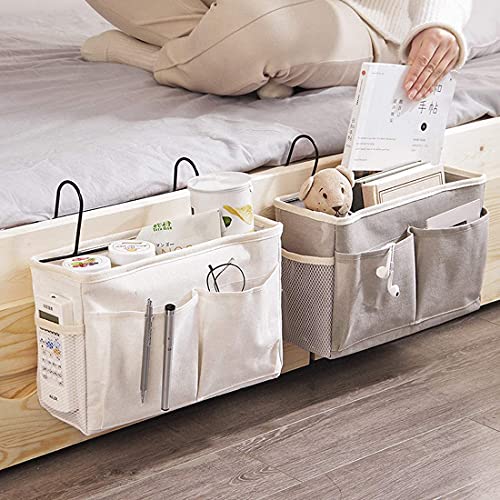 KonHaovF 2Pack Bedside Organizer Caddy Hanging with Hook, Bed Storage Pocket for Dorm Kids Room Top Bunk Bed Loft Bed, Bedside Storage for Phone Remote Control Laptop Books (White)