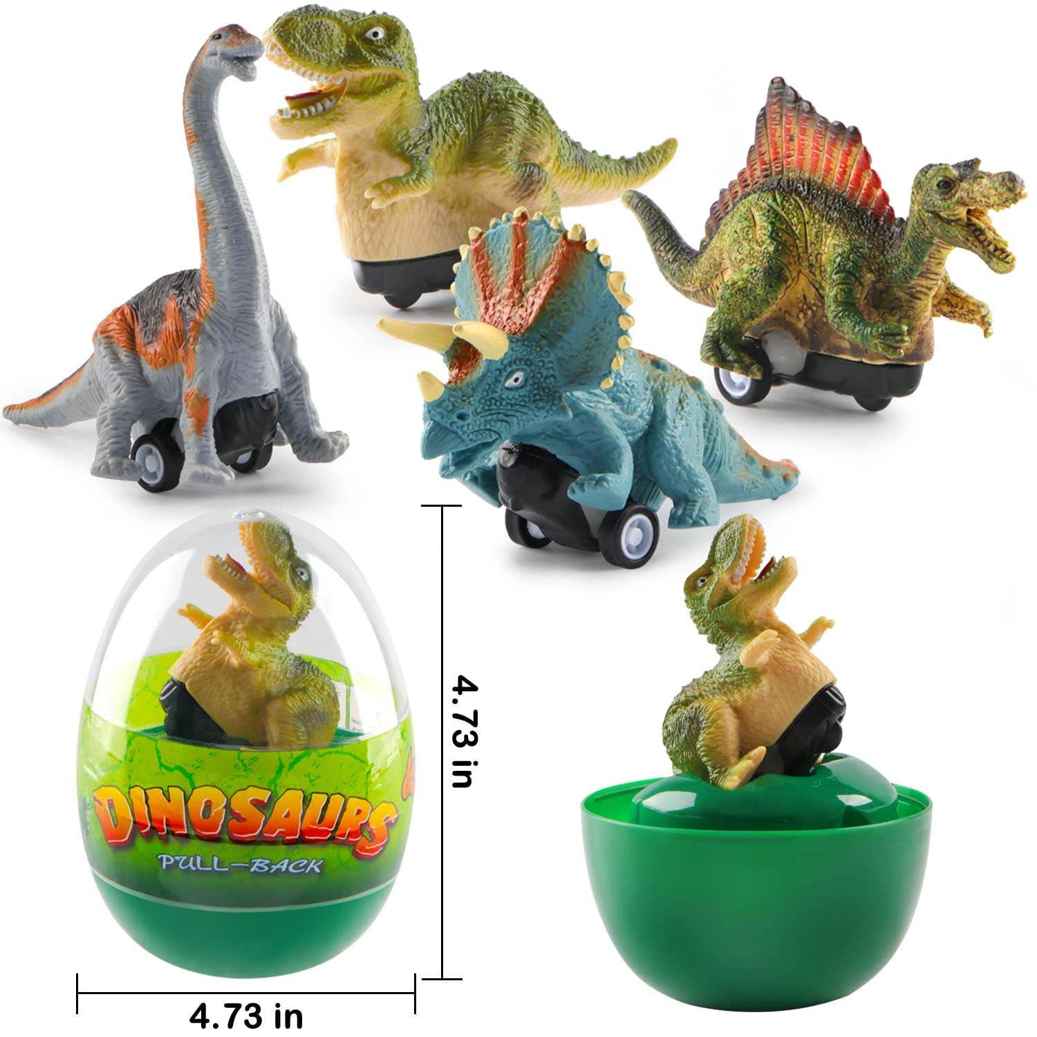 4 Pack Prefilled Easter Eggs with Dinosaur Pull Back Cars, Jumbo Plastic Easter Eggs with Toys Inside for Easter Basket Stuffers, Party Favors Gifts for Toddler Kids Boys Girls