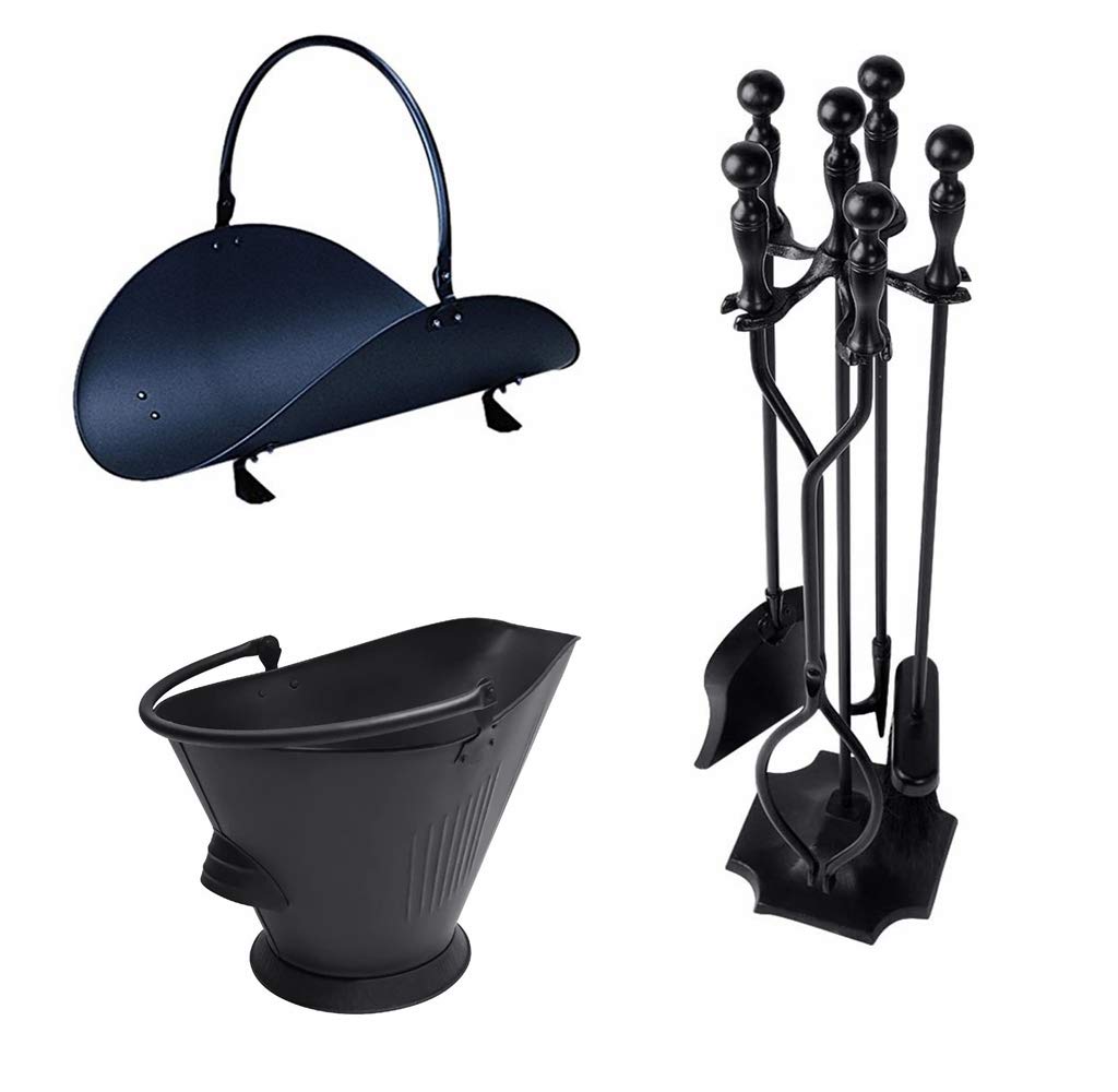 Amagabeli Fireplace Log Holder Indoor Bundle 5PCS fireplace tools and Bucket for fireplace