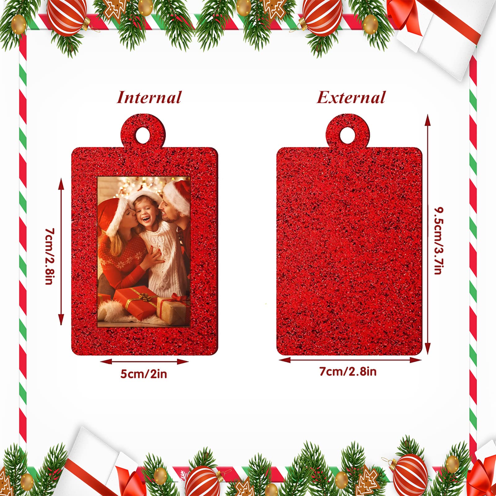 20 Pieces Christmas Photo Ornament Frames Christmas Tree Glitter Picture Frame Felt Hanging Photo Frame for Holiday Decoration (Rectangle, Red)
