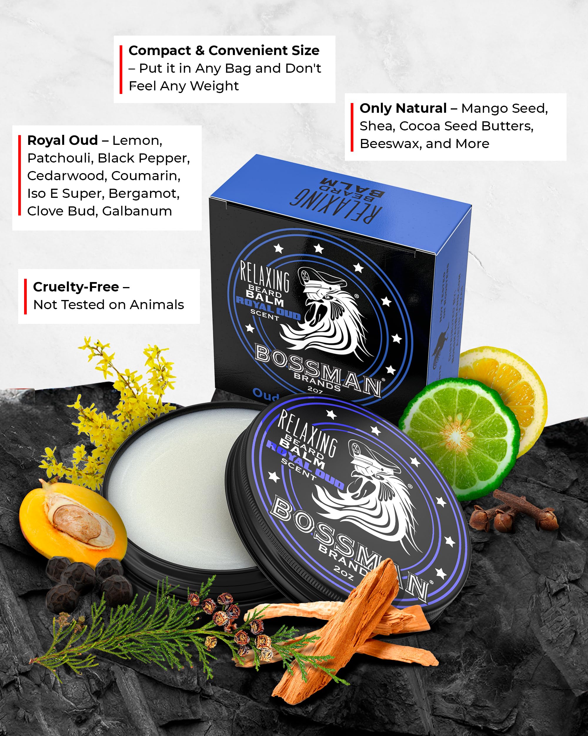 Bossman Relaxing Beard Balm - Beard Tamer, Relaxer, Thickener and Softener Cream - Beard Care Product - Made in USA (Royal Oud Scent)