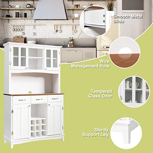 Giantex Buffet Hutch Cabinet, Kitchen Hutch Sideboard, Buffet Cabinet on Storage Island, Wood Kitchenware Server with 3 Large Drawers and 9 Wine Bottle Modulars (White)