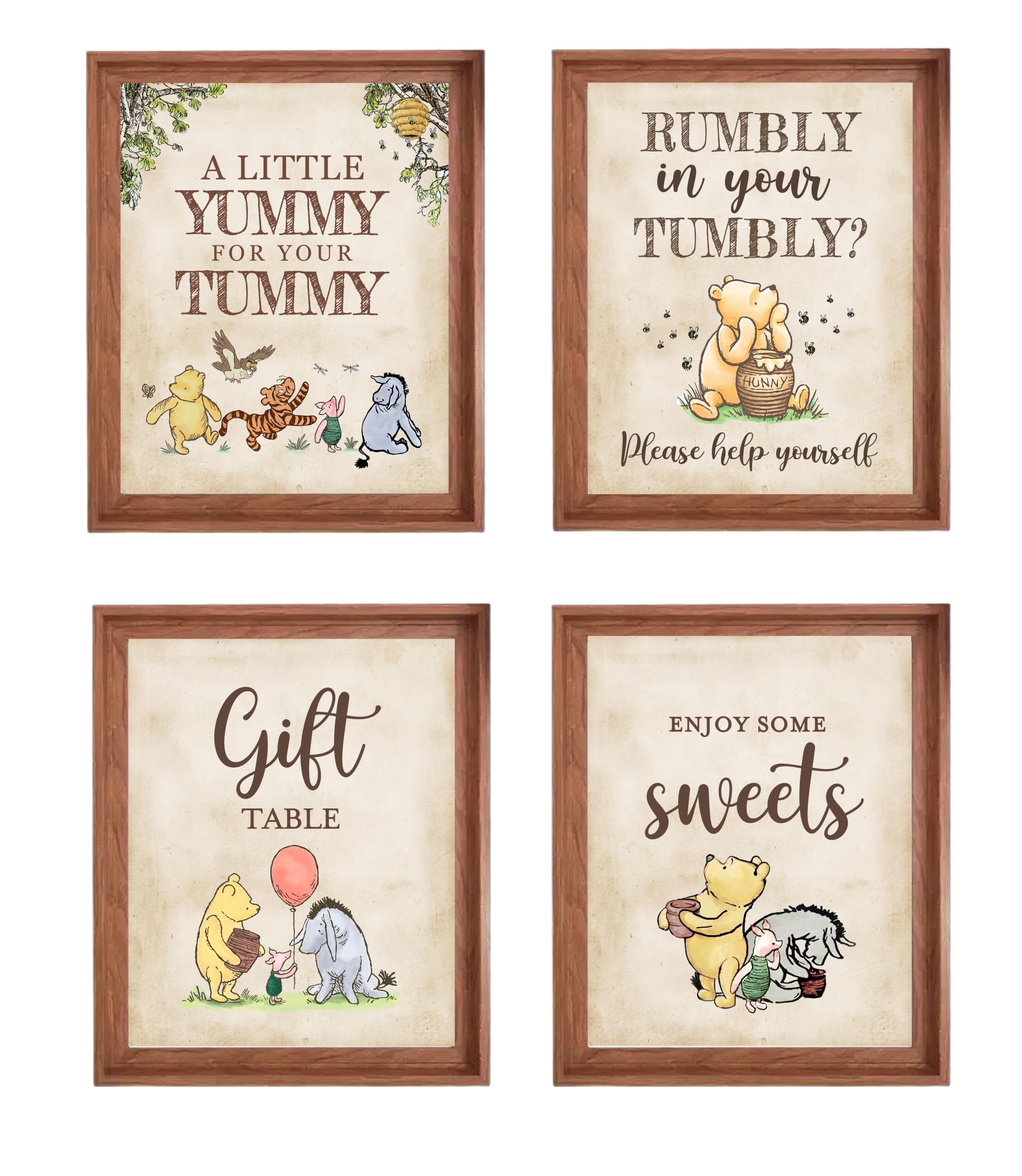 4PCS Winnie Table Sign Centerpieces A Little Yummy for Your Tummy for Baby Shower Decorations Pooh Birthday Decorations Welcome Baby Party Supplies(8x10in)