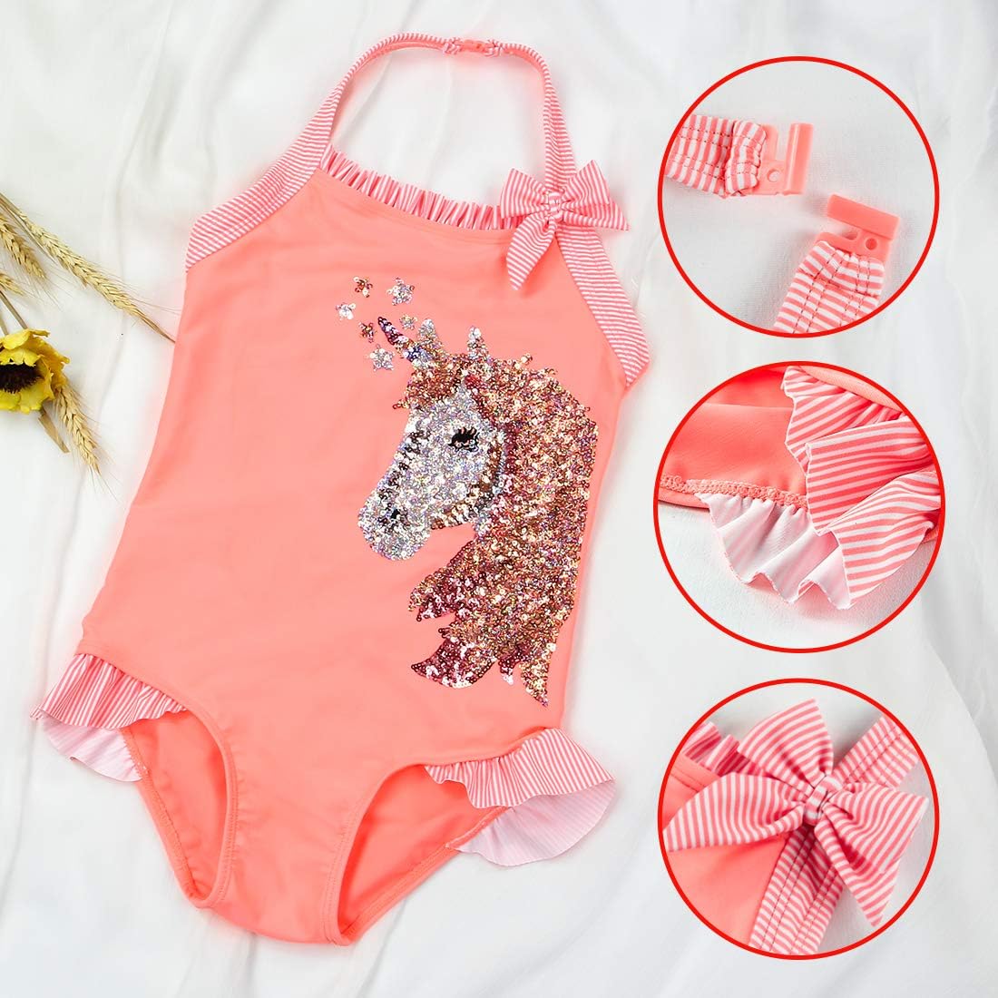 Julysand Toddler Girls Orange One Piece Swimsuit Sequin Unicorn Swimwear Bow Ruffled Bathing Suit