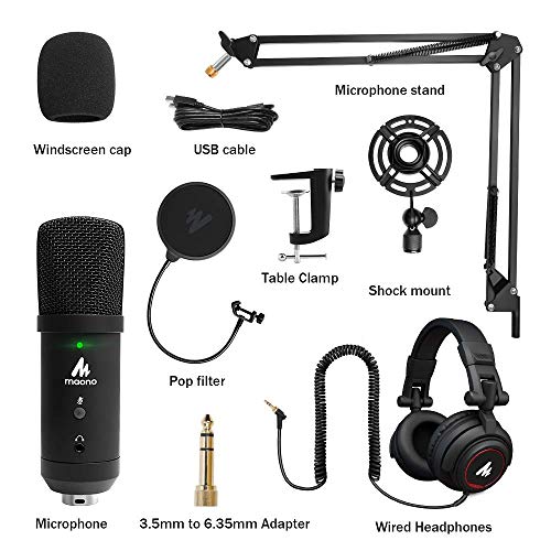 MAONO USB Podcast Microphone with Headphone Set, Zero-Latency Monitoring Computer Condenser PC Mic 192KHZ/24Bit with Mute Button for Recording, Voice Over, Streaming(AU-PM401H)