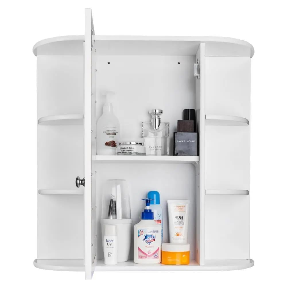 3 Tier Outside Bathroom Wall Mirror Cabinet, 6 Open Shelves Toilet Cabinet Multipurpose Storage Organizer ,White