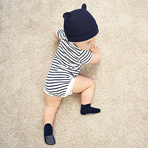 Geyoga 9 Pieces Newborn Baby Hat Mittens Sock Set Bear Ears Hat Mittens No Scratch Gloves for 0-12 Months Boy Girl(Black, Navy Blue, Gray)