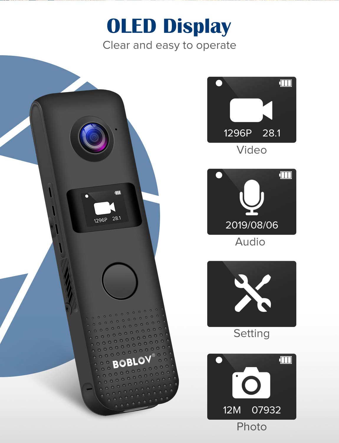 BOBLOV C18 WiFi Small Body Camera, 32GB Outdoor Body Camera, 1296P Mini Camera Body Worn Camera with OLED Screen 3.5 Hours 1080P Recording Support WiFi One Big Button for Recording