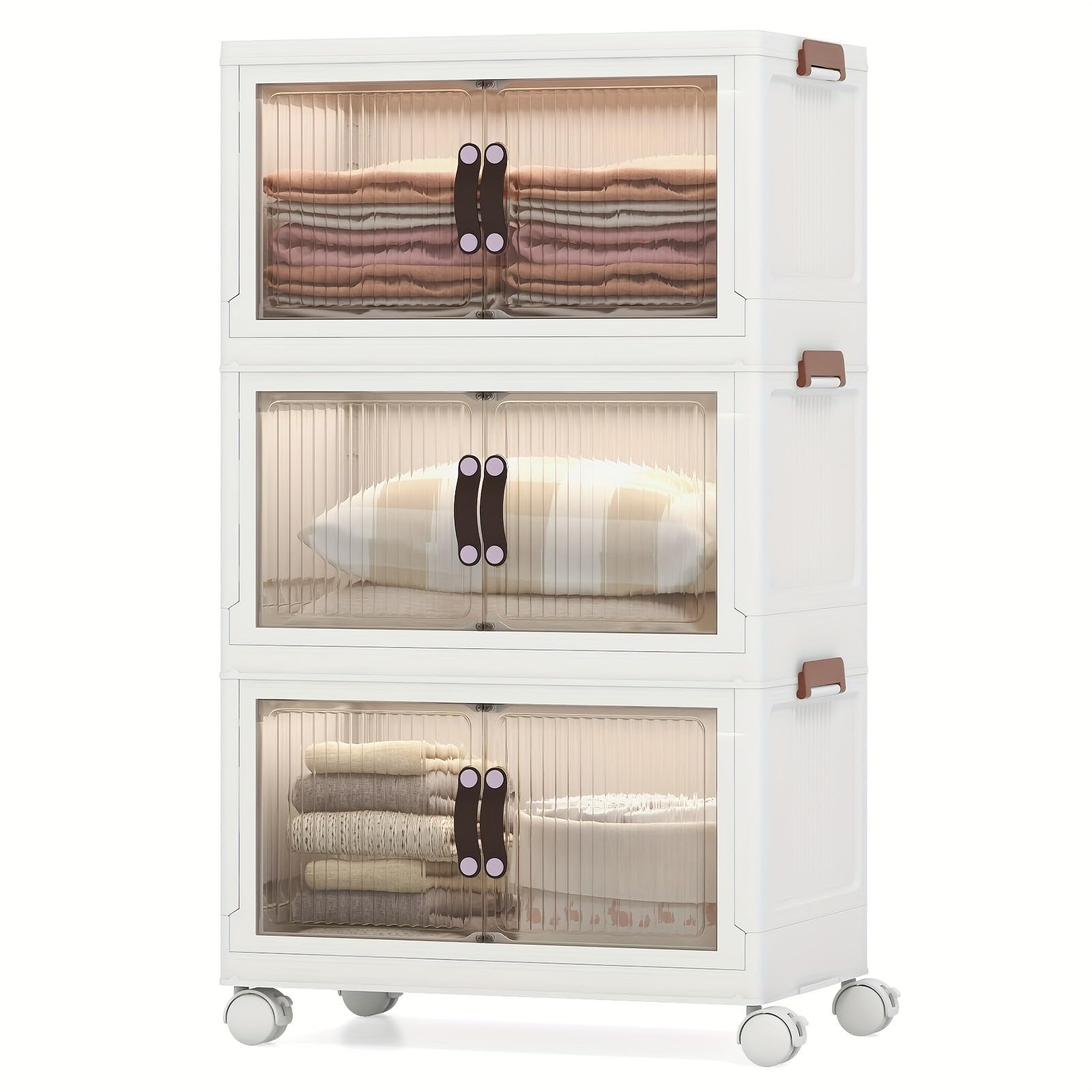 3 Tier Plastic Storage Bins with With Lids 82QT, Stackable Storage Containers with Wheels, Folding Storage Boxes, Collapsible Storage Bins, Closet Organizers and Storage for Living Room (5-Tier 34QT)