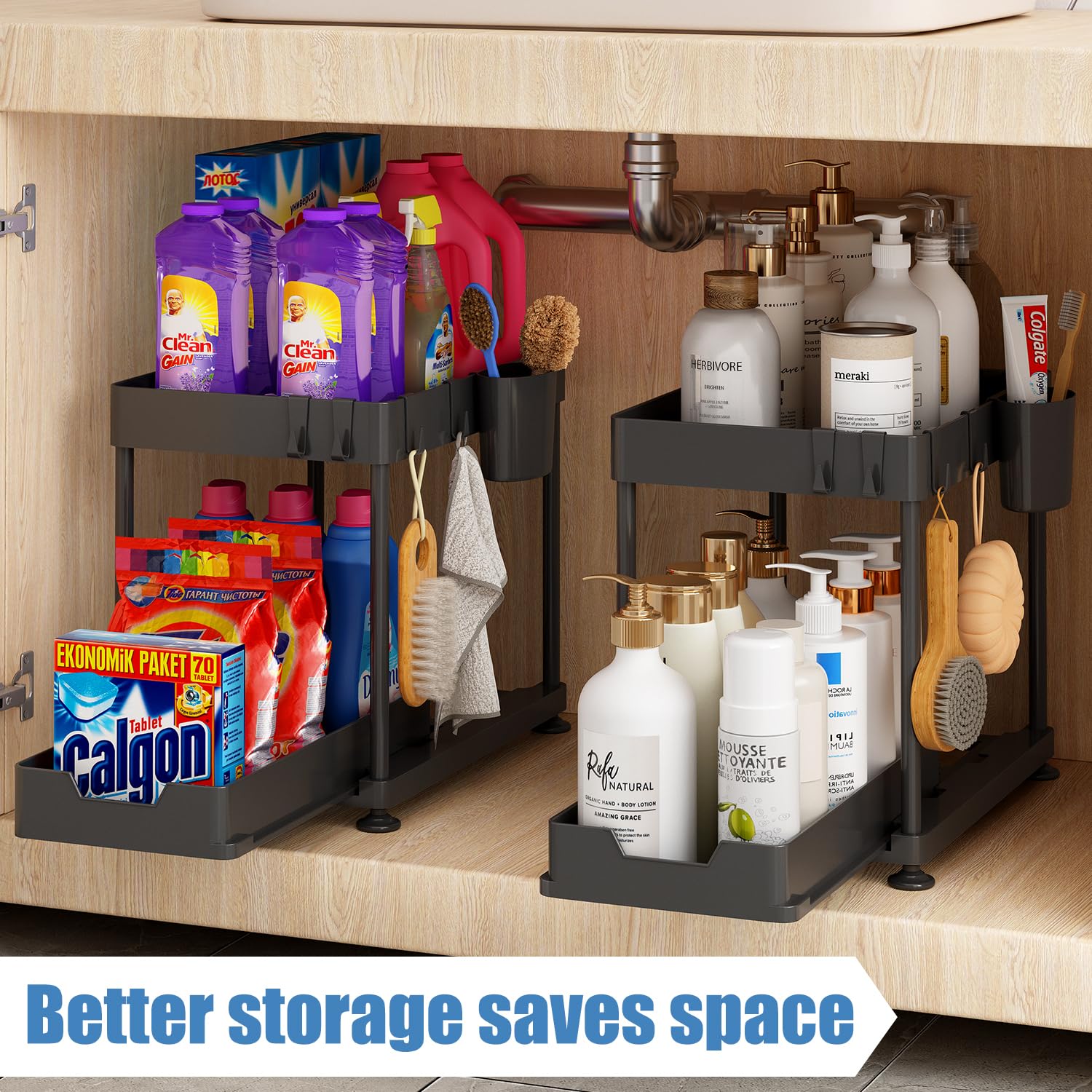 2 Pack Under Kitchen Sink Organizers and Storage, 2 Tier Under Sink Organizer for Bathroom Cabinet, Undersink Organizer Sliding Drawer with Hooks, Hanging Cup for Narrow Space by SMATHOM, Black