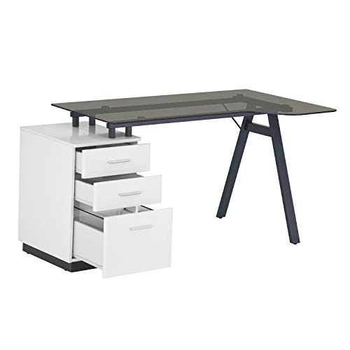 Techni Mobili Modern Smoke Tempered Glass top & Storage Home Office Computer Writing Desk Workstation with Two Cupholders and a Headphone Hook-Pine, 59.5" D x 29.25" W x 29.5" H, White