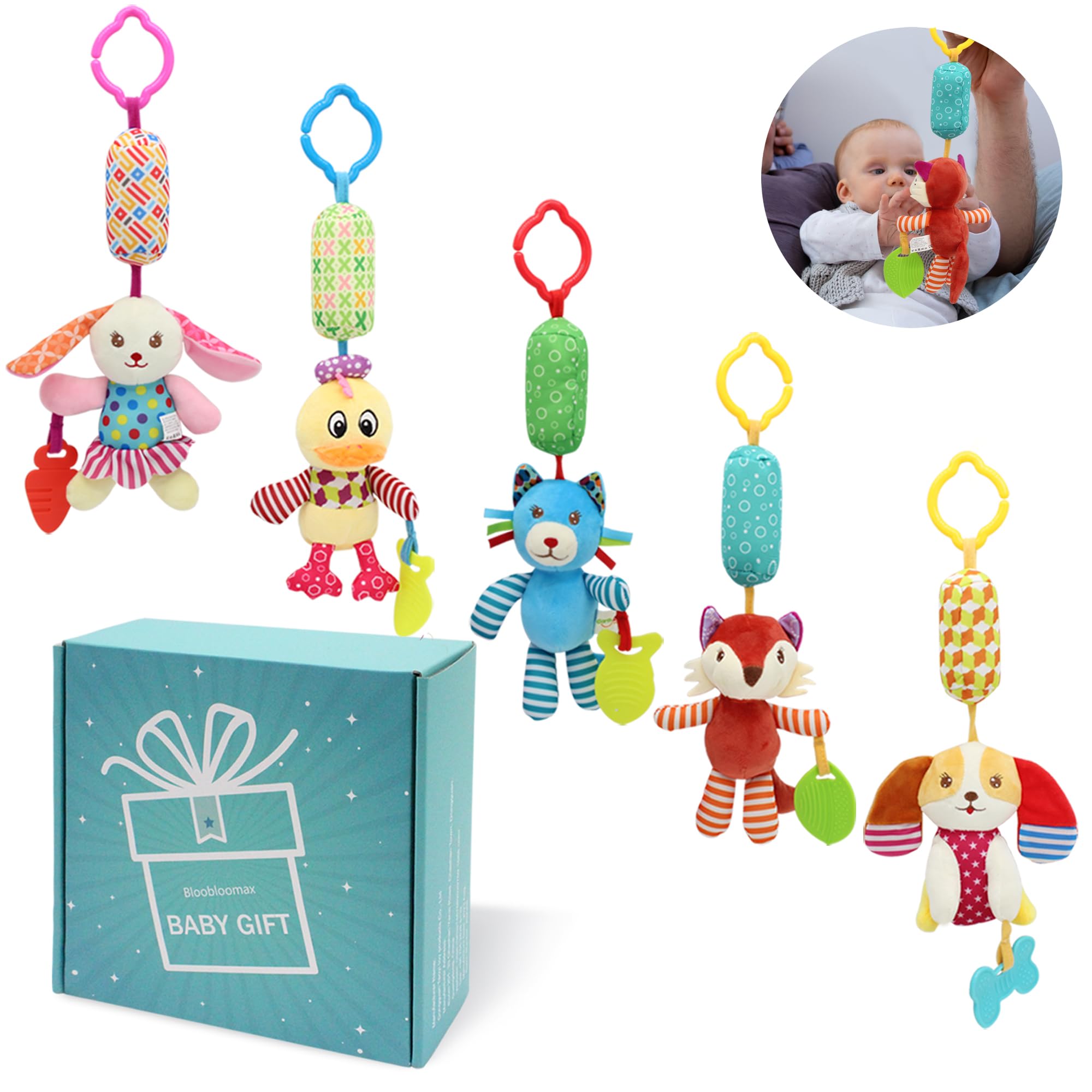 Baby Car Seat Toys, Infant Soft Plush Rattle, Cute Animal Doll,Early Development Hanging Stroller Toys for Newborn Boys Girls Gifts (5 PCS)