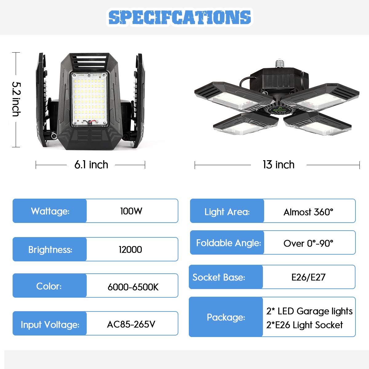 2 Pack LED Garage Lights, Deformable LED Garage Light 120W 15000LM 6500K Shop Lights with 4 Adjustable Panels for Workshop Basement Warehouse Residential High Bay Light Support E26/E27 Screw Socket