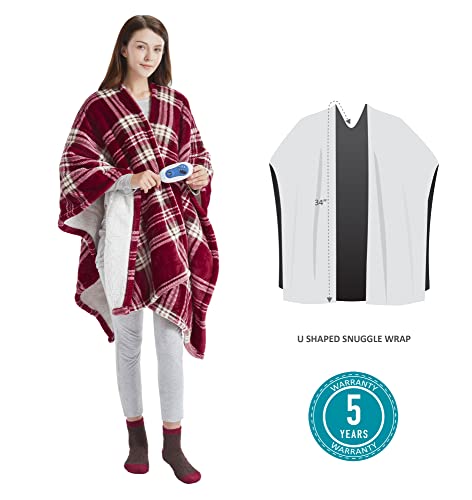 Comfort Spaces Plush to Sherpa Electric Blanket Shawl Shoulder, Neck Wrap with Matching Sock Set Giftable Ultra Soft, Warm, Snuggle Fleece-Reversible Heated Poncho Throw, 50" W x 64" L, red Plaid