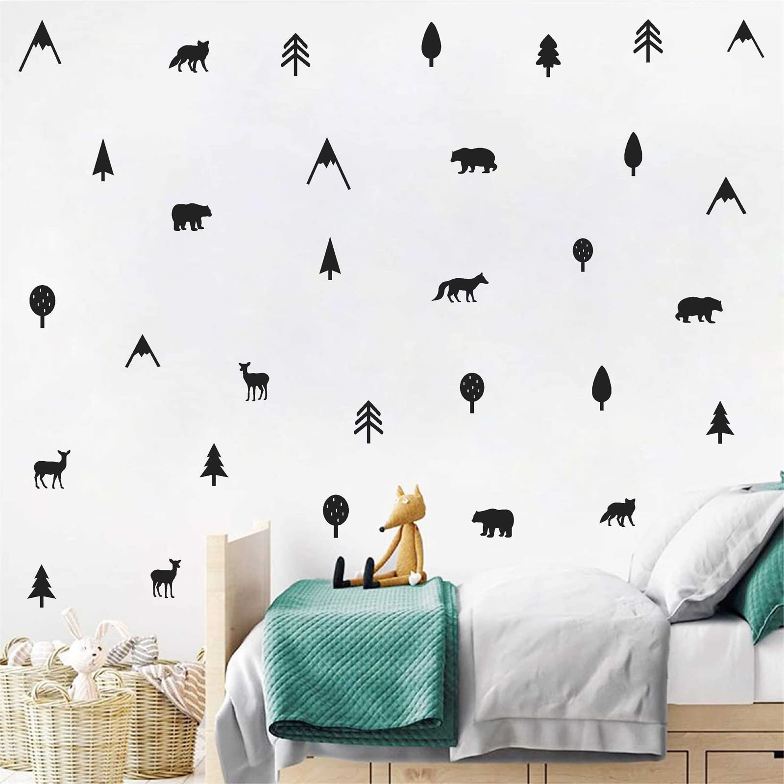 IKEYU Woodland Animals Wall Stickers Mountain Tree Wall Decals Black Vinyl Jungle Stickers Forest Animals Wall Decals for Kids Room Nursery Bedroom Decor