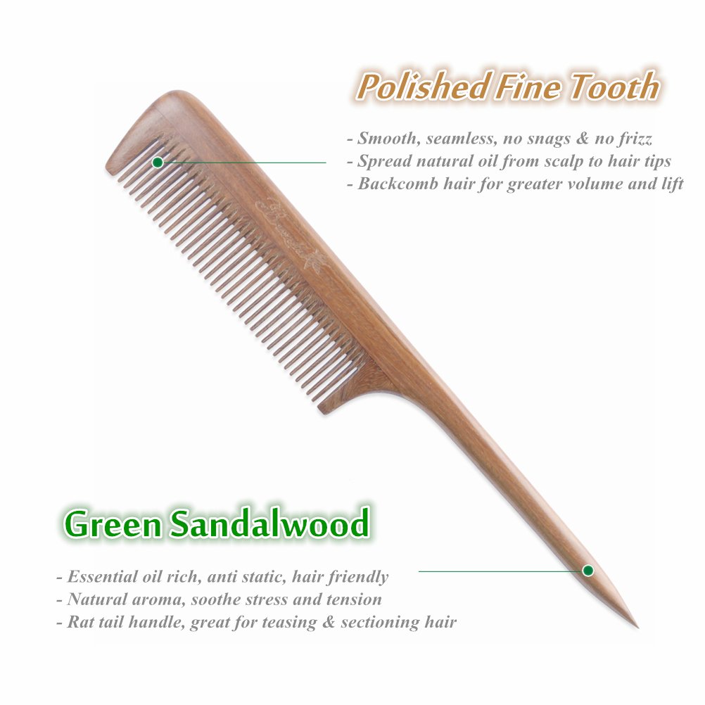 Breezelike Hair Combs - Sandalwood Fine Tooth Comb - No static Natural Aroma Wooden Tail Comb for Women