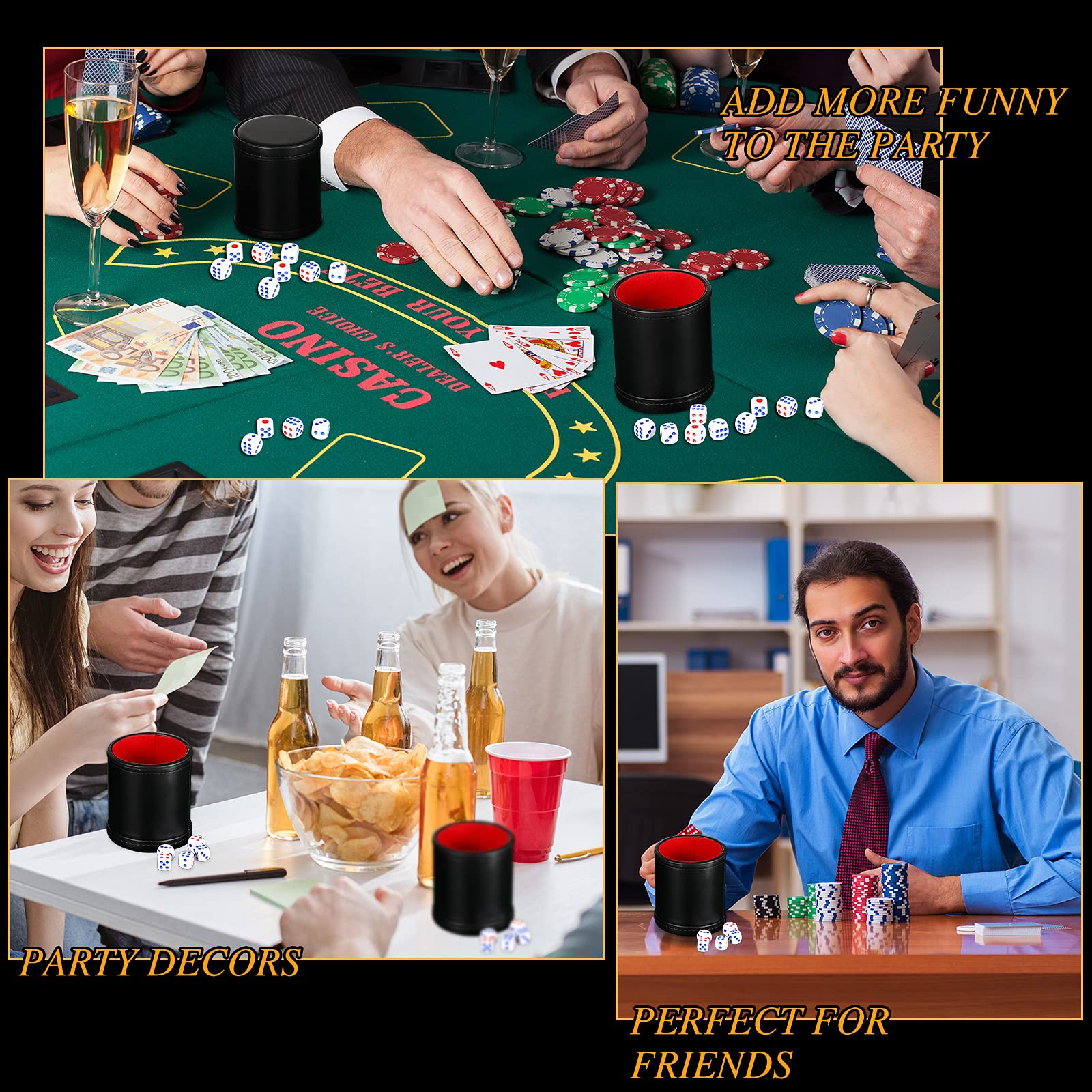4 Pieces PU Leather Dice Cups, PU Leatherette Dice Cup Set, Red Felt Lining Quiet Shaker with 20 Dices for Craps Farkle Game Kill Time Pressure