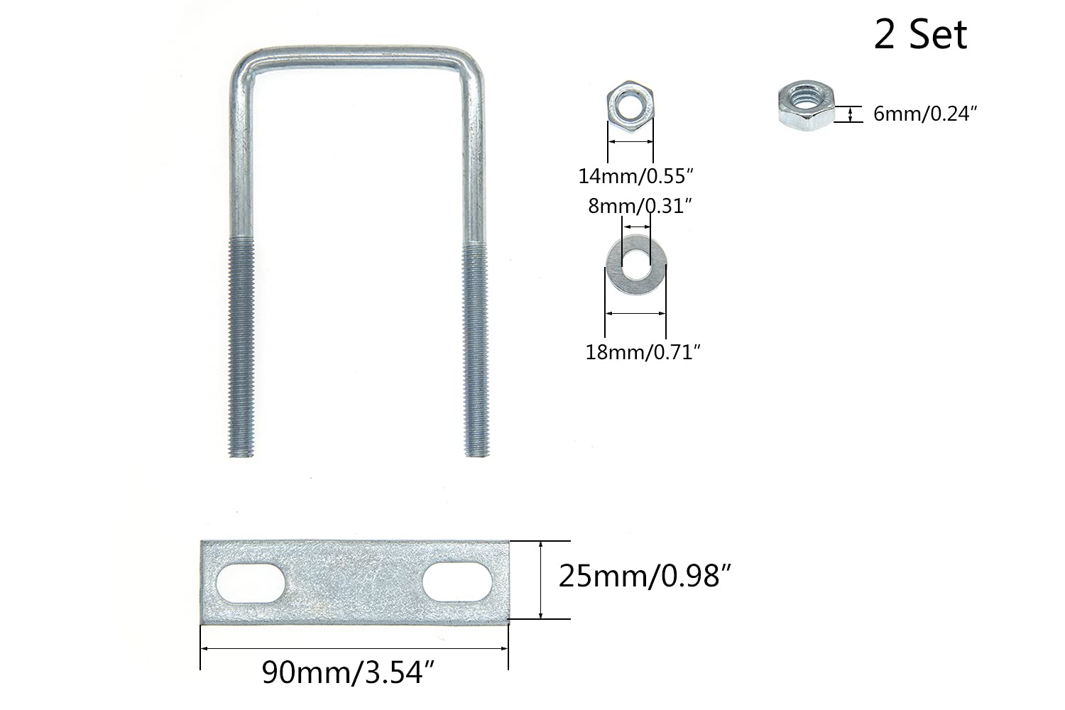 RESALET Carbon Steel Square U-Bolts 2-3/8"(60mm) Inner Width Boat Trailer Ubolt M8 with Nuts, Frame Plate, Round Washers 2 Set