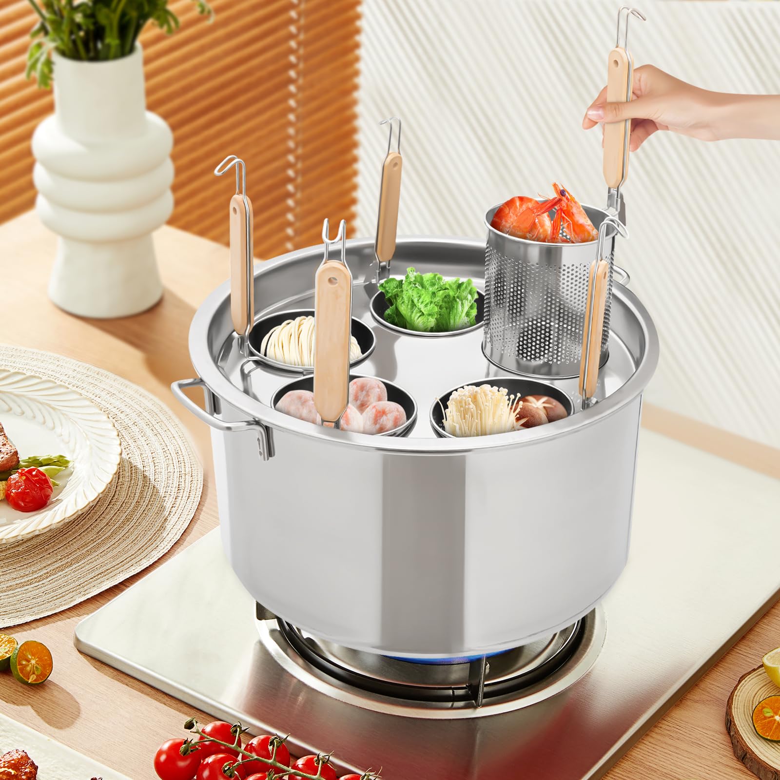 5 Holes Pasta Cooker,Insert Set Stainless Steel Pasta Pot,Lightweight Pasta Cooking Tool With Strainer Basket for Home Kitchen Restaurant 37L/39qt