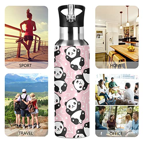 ALAZA Pink Pandas Water Bottle with Straw Lid Vacuum Insulated Stainless Steel Thermo Flask Water Bottle 20oz