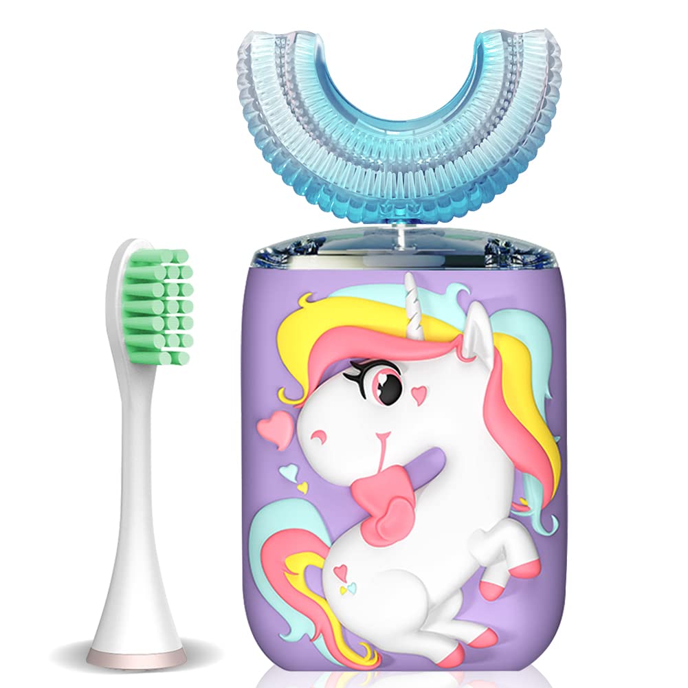 Kids Electric Toothbrush, Unicorn Sonic U Shaped Rechargeable Automatic Toothbrushes IPX7 Waterproof 6 Modes Smart Timer 360° Oral Cleaning with Replacement Brush Heads for Child Age 2-6 (1. Purple)