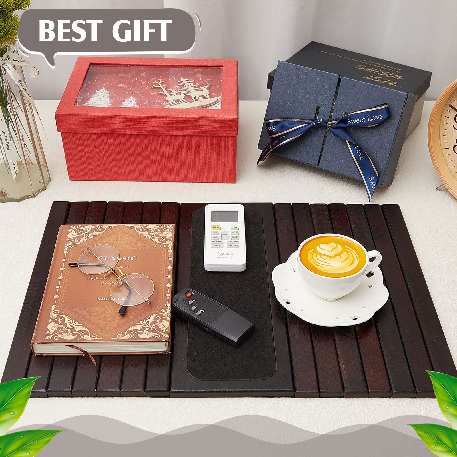 2 Pack Bamboo Wood Sofa Arm Tray Couch Arm Cup Holder Foldable Sofa Armrest Tray Sofa Drink Holder Tray Anti Slip Coaster Portable Sofa Arm Table Holder for Food Snacks Remote Control Phone