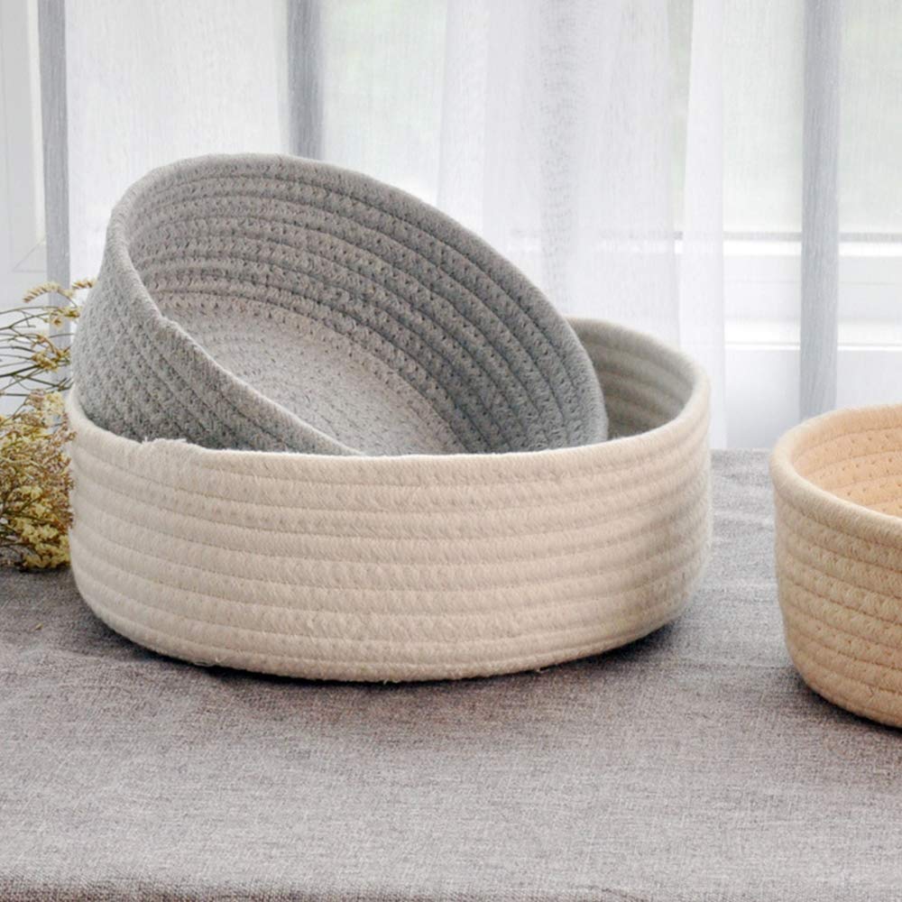 BQEE Cotton Rope Handmade Woven Home Storage Household Candy Toys Storage Basket Sundries Collection Box Candy Snack Food Tray SML Pack of 3 (Round, Grey)