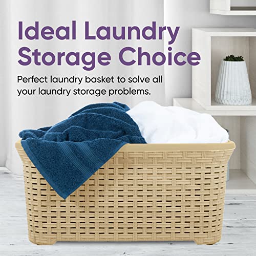 Superio Laundry Basket Plastic Storage Hamper Basket, Beige Cloths Basket Organizer with Cut-Out Handles. Space Saving for Laundry Room Bedroom Bathroom, Wicker Design 50 Liter (2 Pack)