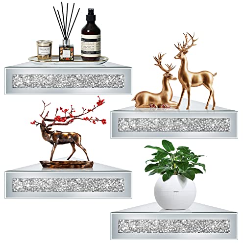 4 Set Corner Shelf Wall Mount Mirrored Floating Corner Storage Shelf Crystal Floating Corner Shelf Organizer Diamond Glass Wall Shelf for Bathroom Living Room Kitchen TV Accessories, Artwork Display