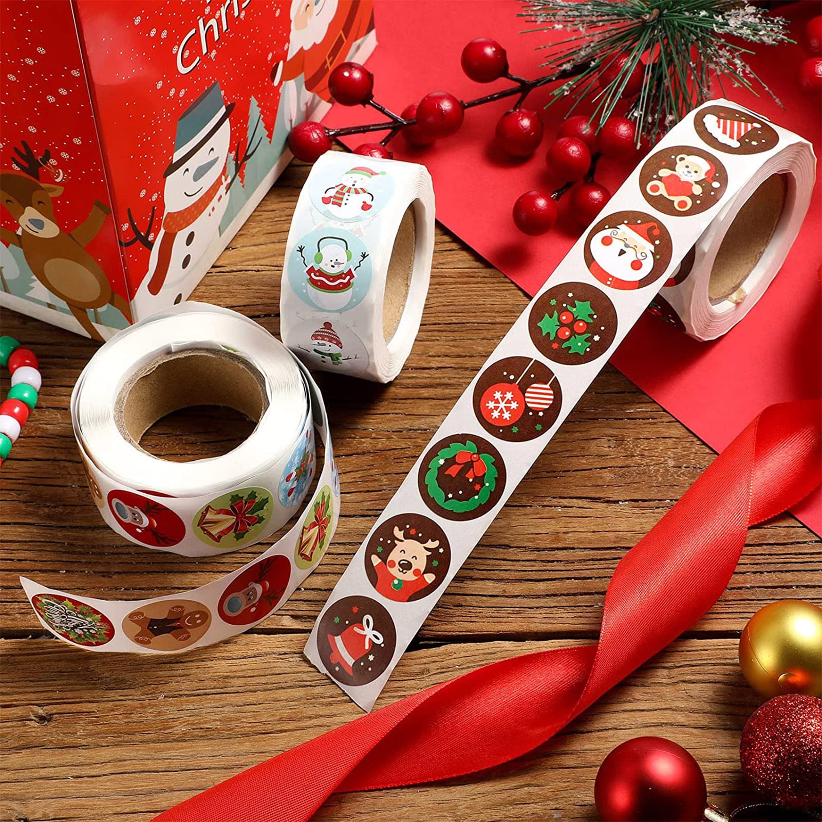 6 Rolls 3000 Pieces Christmas Stickers Round Adhesive Labels Xmas Decorative Stickers Christmas Stickers Labels Roll 1 Inch 48 Designs for Cards Envelopes Boxes