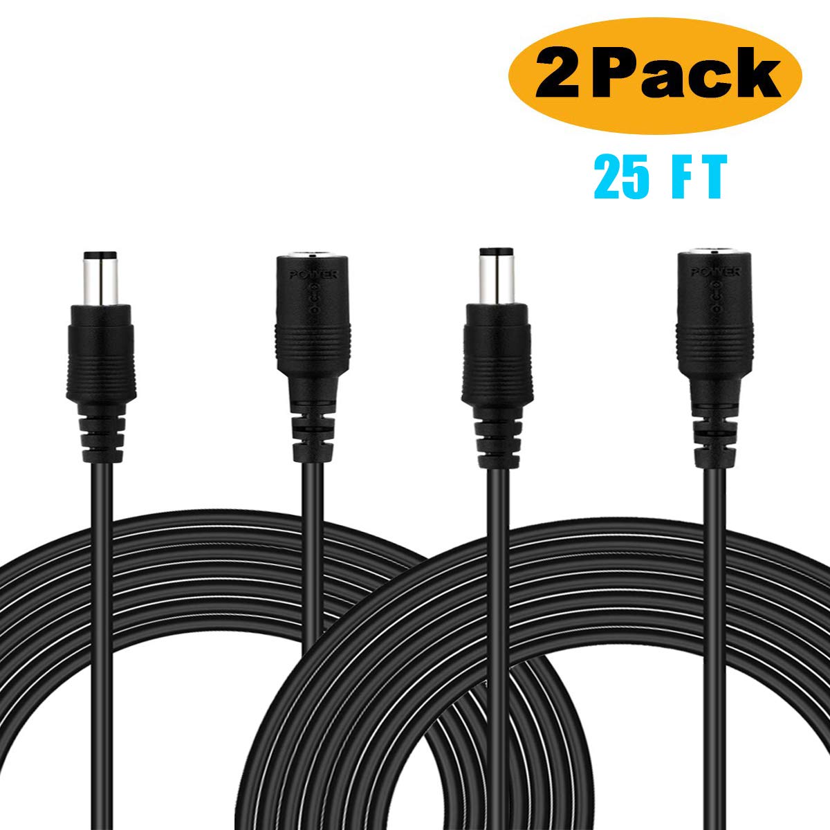 Brada 25ft 2 Pack 12 Volt Power Extension Cord,5.5mmx2.1mm DC Power Adapter Extension Cable,Extension Power Cable for CCTV Security Camera,Indoor Wireless IP Camera,Standalone DVR,Black