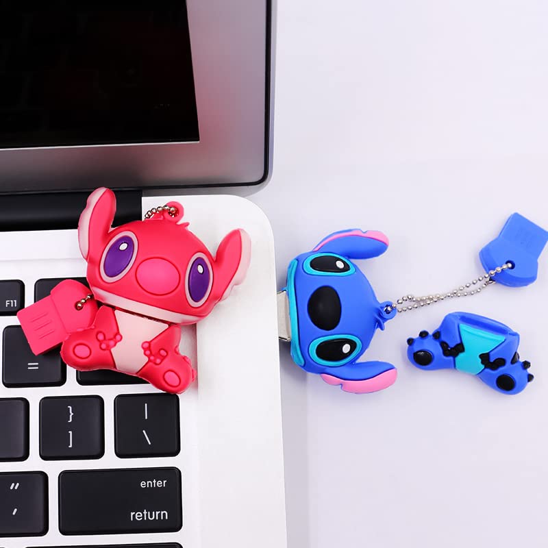 2 Pack Novelty Stitch Shape Design 64GB USB 2.0 Flash Drive Cute Memory Stick Stitch Thumb Drive Data Storage Pendrive Cartoon Jump Drive Gift (2 Colors: Blue Pink)