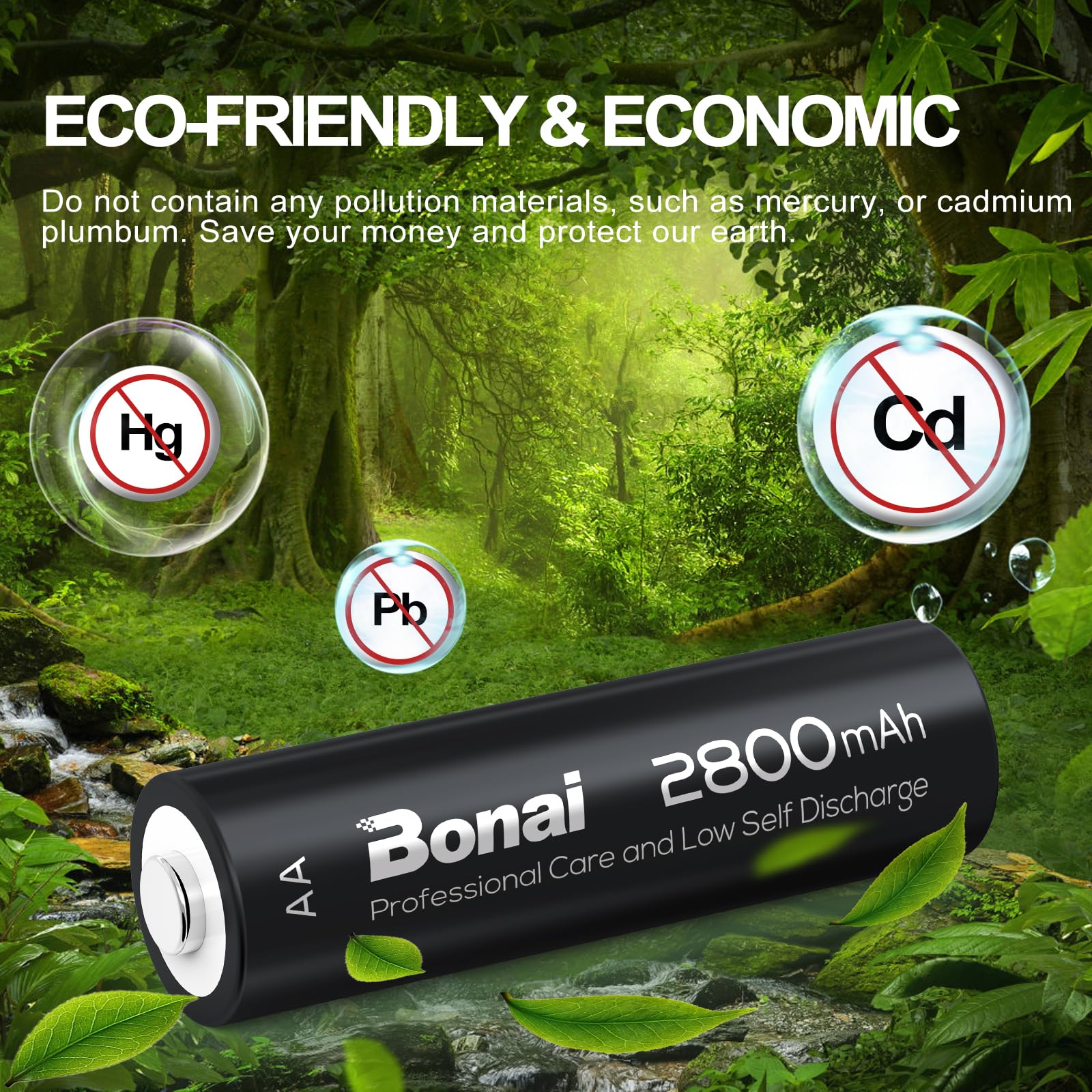 BONAI AA Rechargeable Batteries 2800mAh 1.2V Ni-MH Low Self Discharge (Pack of 8)