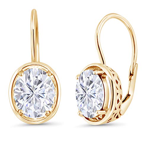 18K Yellow Gold Plated Silver Created Moissanite by Gem Stone King Dangle Earrings For Women (4.20 Cttw, Oval 9X7MM)