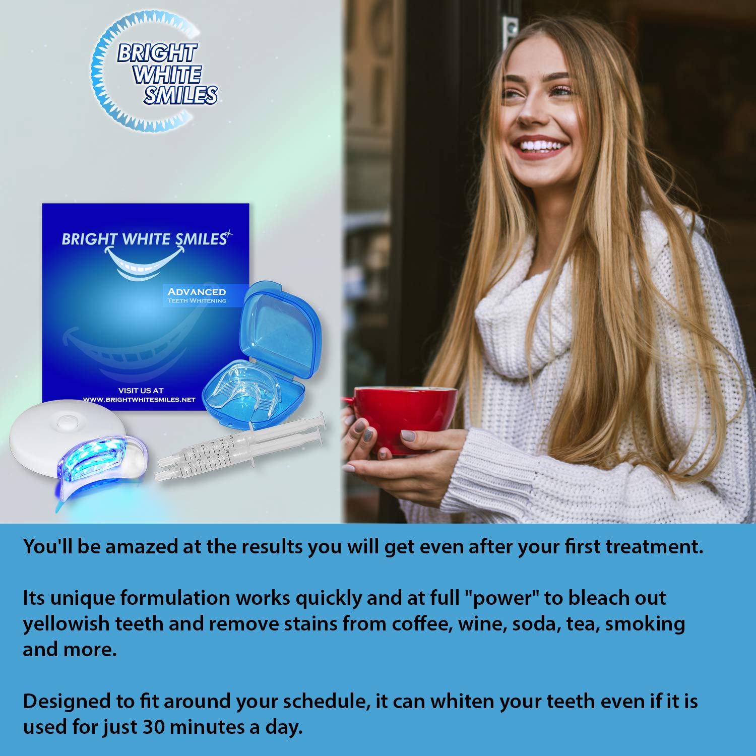 Bright White Smiles Teeth Whitening Kit | LED Light Activated Teeth Whitener | With 2x 5ml 35% Carbamide Peroxide Gel Syringes | Comfort Fit Mouth Tray & Case | For Home Use | Professional Results