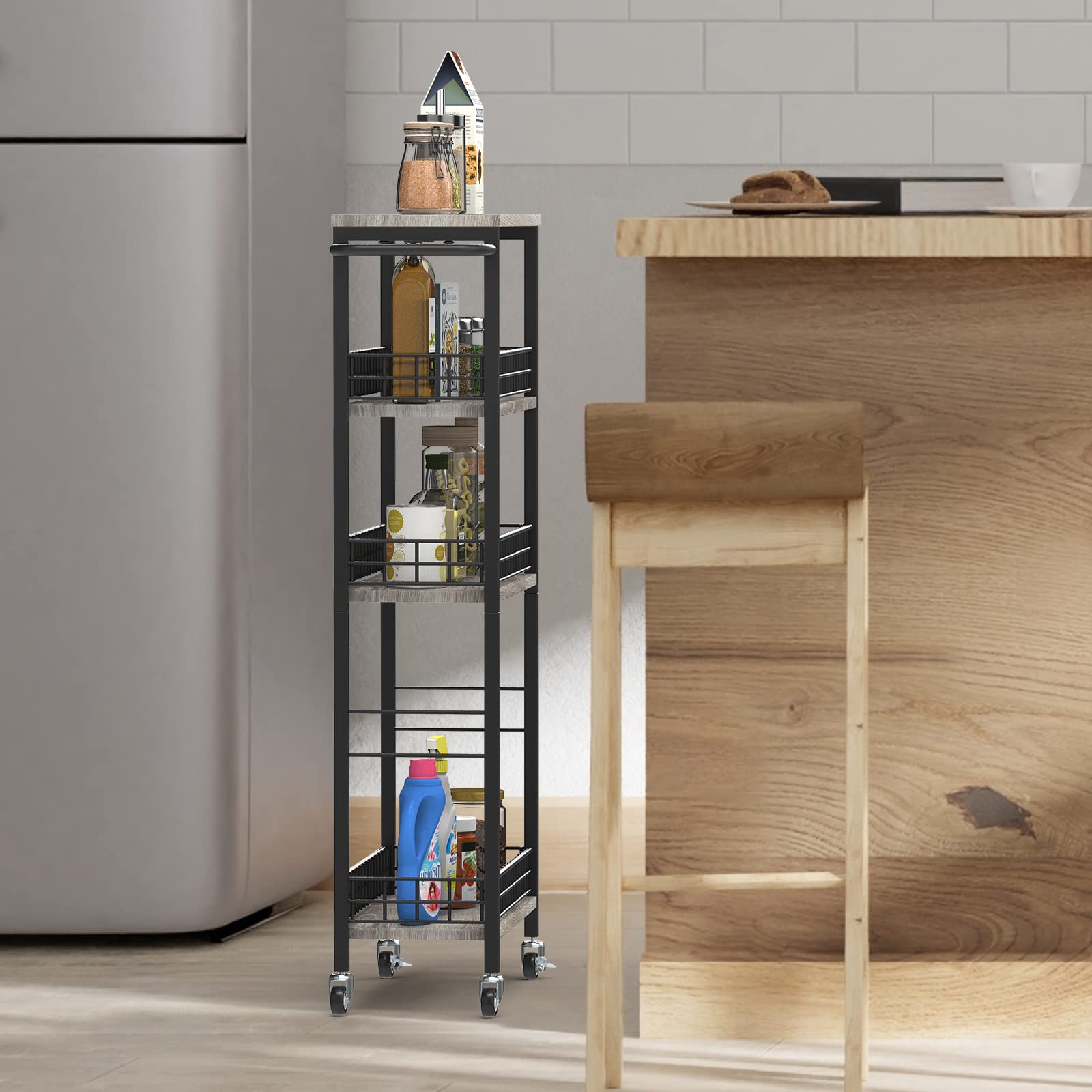 4 Tier Slim Storage Cart Narrow Laundry Cart on Wheels Utility Kitchen Rolling Cart with Wood Tabletop Mobile Shelving Unit Bathroom Storage Organizer Slide Out Rolling Tower for Narrow Spaces