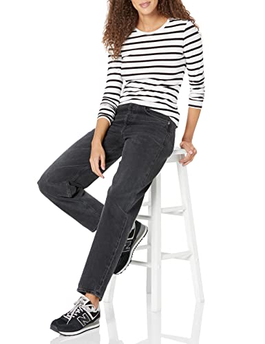 Amazon Essentials Women's Classic-Fit Long-Sleeve Crewneck T-Shirt (Available in Plus Size), Black/White Stripe, Small