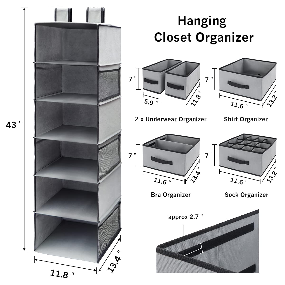 6 Shelf Hanging Closet Organizers Storage Easy Mount Collapsible Accessory Closet Shelf Organizer, Baby Nursery Sweater or Shoe Organizer (Gray)