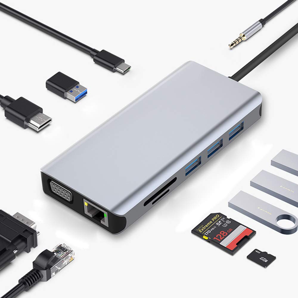 HRYHY USB C Hub, 9-in-1 USB C Adapter with 4K USB C to HDMI,USB C Charging, VGA, 2 USB 3.0, SD/TF Card Reader,Gigabit Ethernet, Compatible for MacBook Pro, XPS More Type C Devices