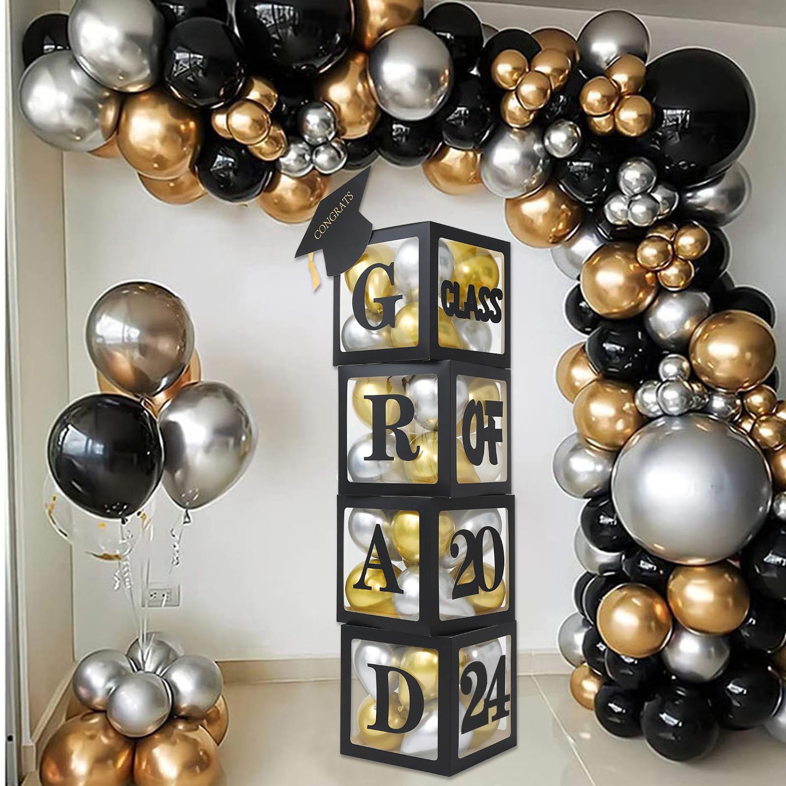 2024 Graduation Balloon Boxes Decorations, 4 pieces Black Graduation Party Balloons Boxes with “GARD” “Class of 2024” Letters, Little Cap Graduation Decorations for Congrats Grad 2024 Decor