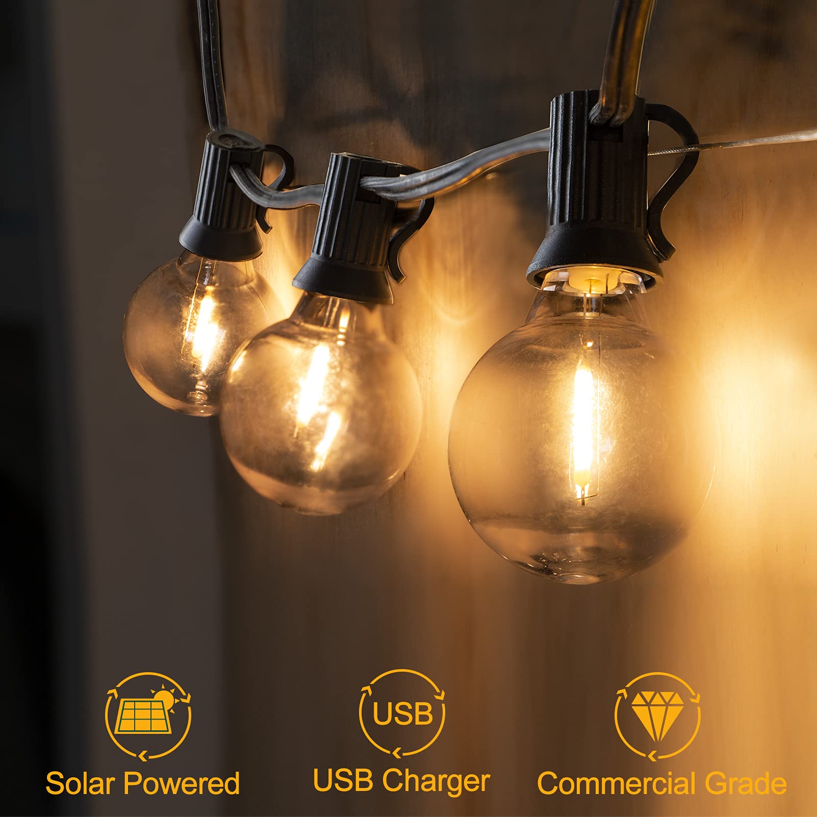 ACOHOOK 48FT Outdoor Solar String Lights, Solar Cafe Lights, Commercial Grade Solar String Lights for Outside,4 Light Modes,USB& Solar Powered String Lights with Waterproof Plastic 15+1(Spare) Bulbs