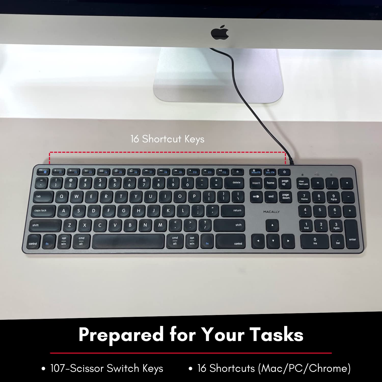 Macally USB Wired Keyboard for Mac and Windows - Apple Keyboard Compatible and Auto Detect for All OS - Slim Computer Keyboard for MacBook, iMac, PC with 107 Quiet Keys and 16 Shortcut Keys