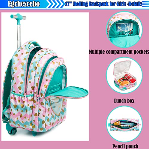 Egchescebo Girls Rolling Backpacks with Wheels 3PCS Heart Backpack Set for School Wheeled Luggage Suitcase Lunch Box Pencil Case Large Capacity Bookbag Adjustable Trolley for Elementary Travel Pink