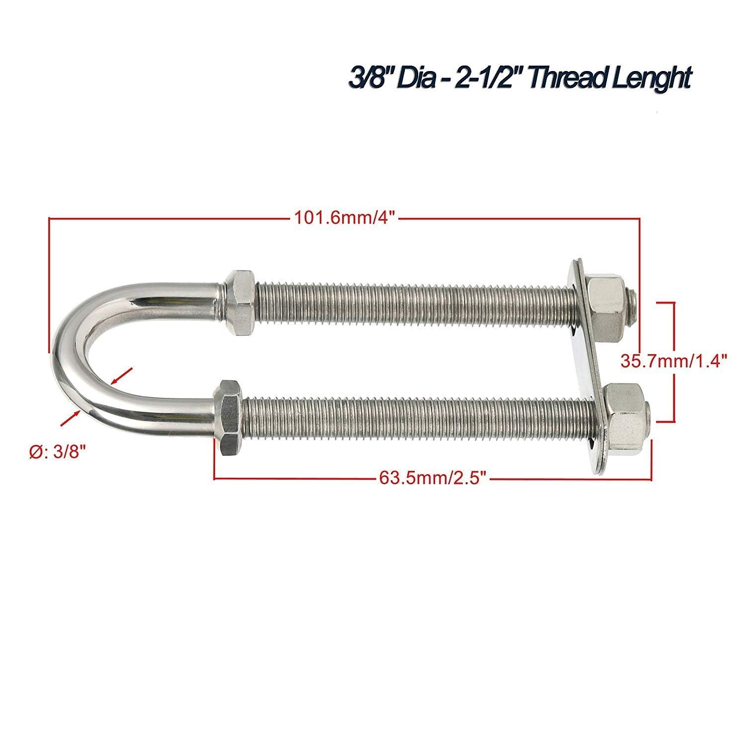 Amarine-made Stainless Steel Marine Boat Stern Bow Eye Tie Down U Bolt (1/2-Inch and 3/8-Inch Optional) (Silver, 3/8" Dia - 2-1/2" Thread Lenght)