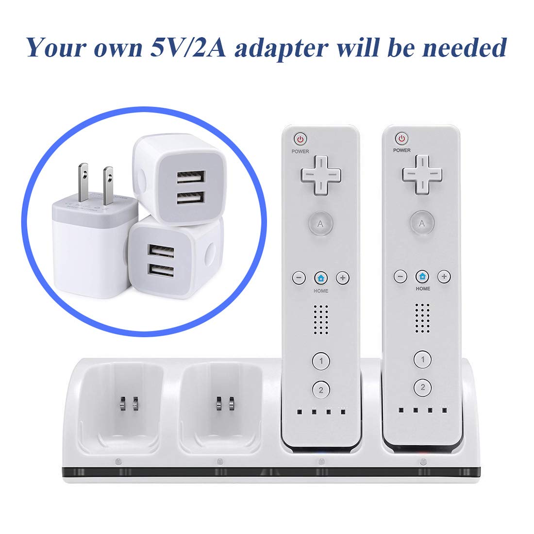4-in-1 Charging Station for Wii Remote Controller with Rechargeable Batteries and Motion Sensor, Dock, Cable and Adapter - The Ultimate Charger for Nintendo Wii U/Wii(White)
