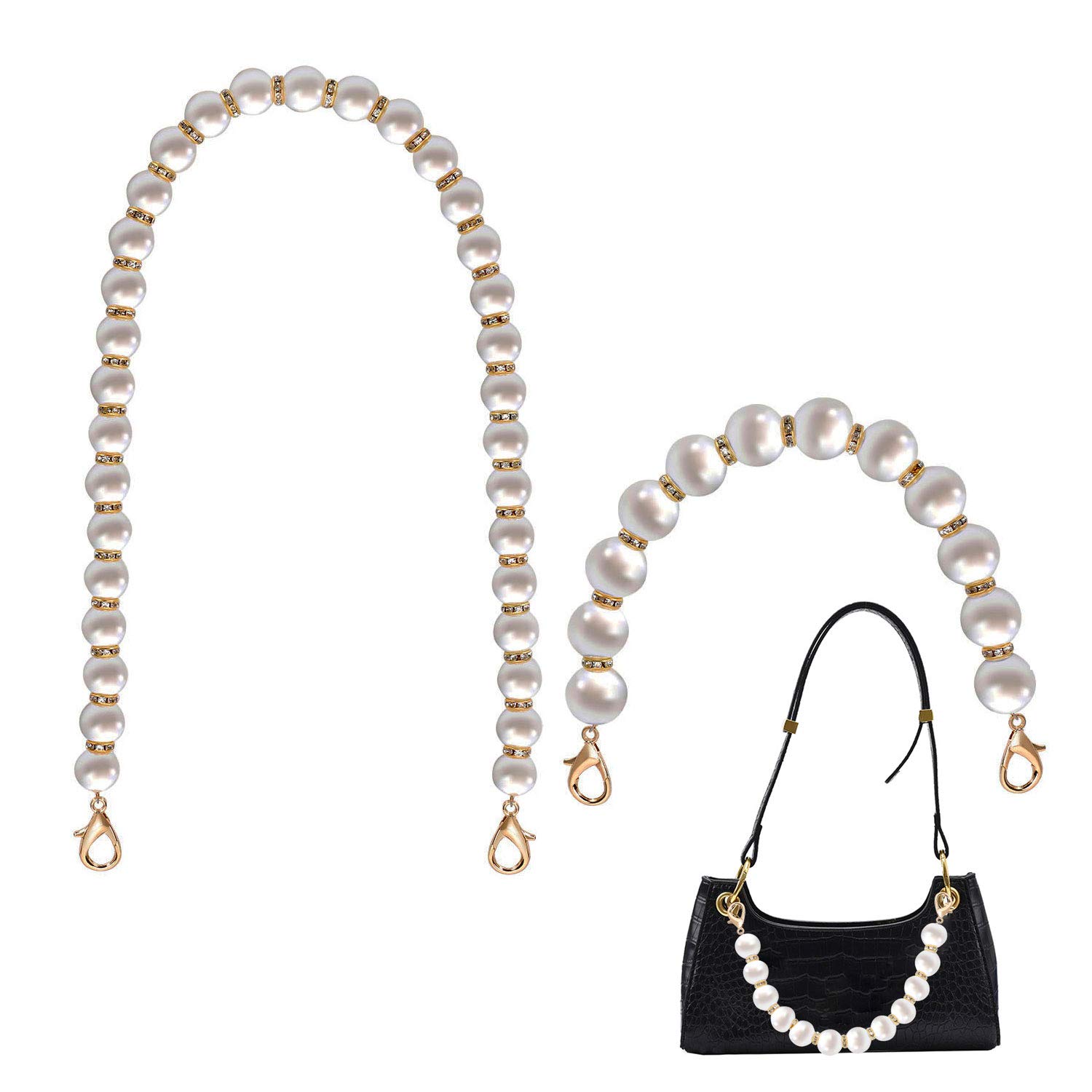 2 Pieces DIY Round Large Imitation Pearl Bead Replacement Chain Strap, Bag Accessories Decorations, Short Purse Chain,Long Handbag Shoulder Straps with Metal Buckles¡