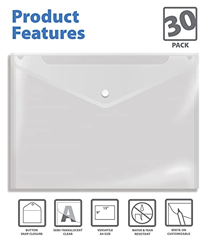 Clear Reusable Plastic Envelopes with Snap Closure, Plastic Document Holders, 13" x 9" XL Size for Letter Paper, 30 Pack, by Better Office Products, Poly File Envelopes, Clear, 30 Pack