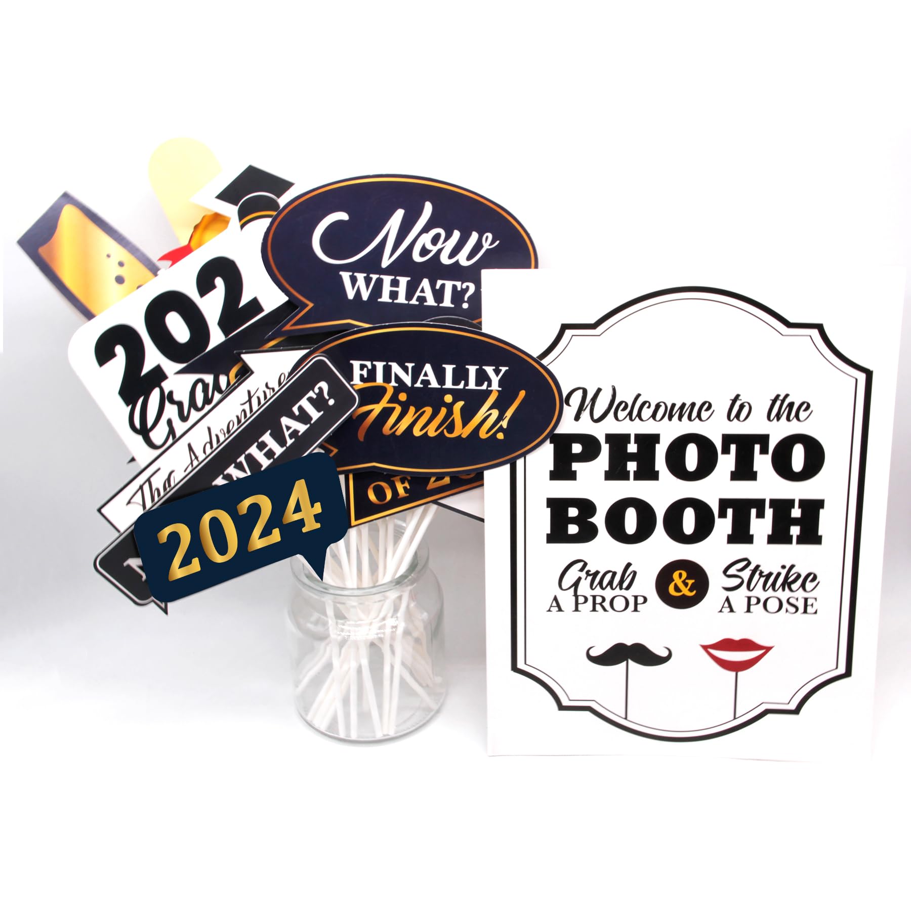 2024 Graduation Photo Booth Props, Blue Black Red Gold Graduation Decorations for Graduation Party Supplies, Upgraded Version with Long Stick, 2024 Grad Party Pose Sign-32Pcs