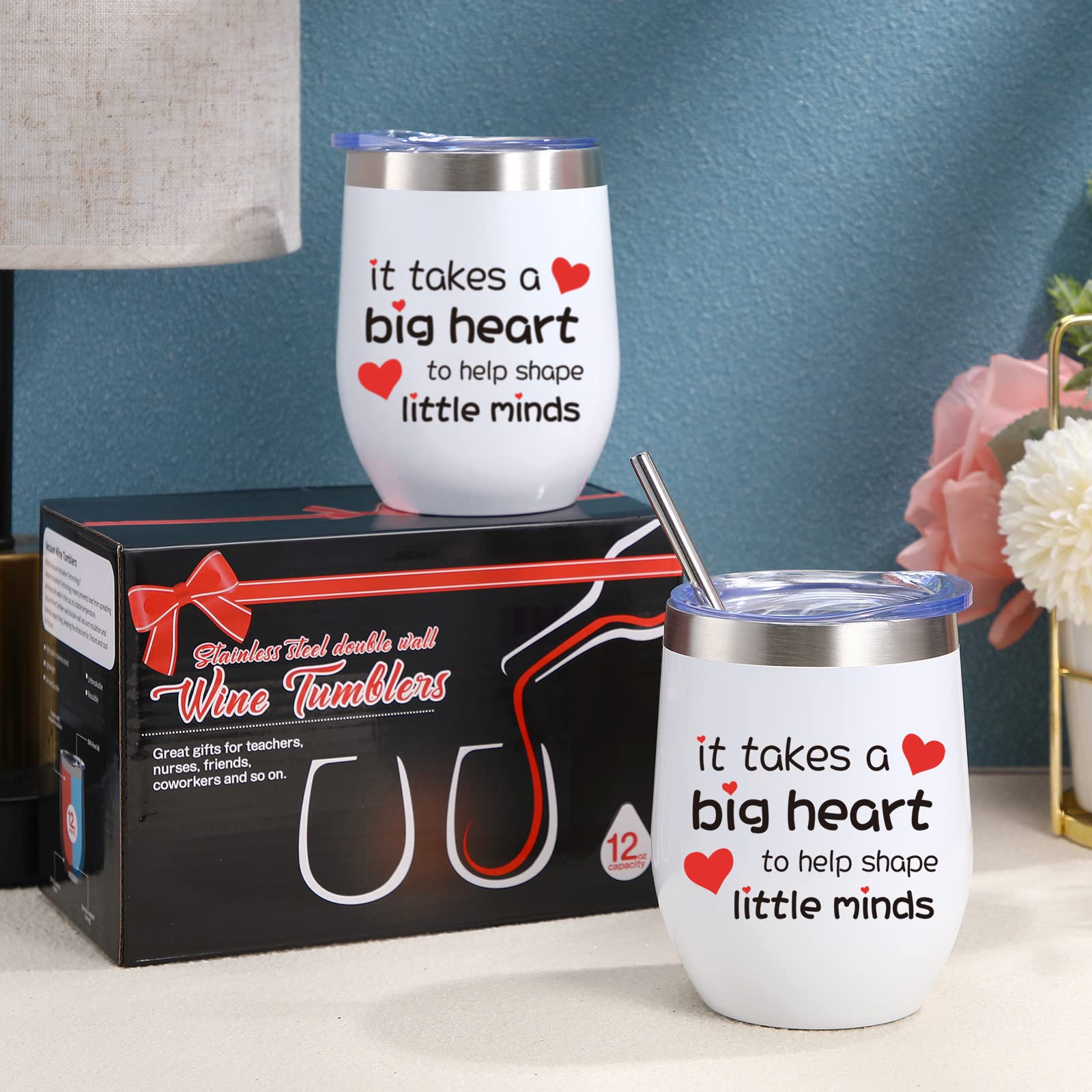 2 Pack Funny Teacher Appreciation Present, It Takes a Big Heart to Shape Little Minds, 12oz Double Wall Vacuum Teacher Cup with Lid Straw, Wine Glasses for Teacher (White and Black Words)