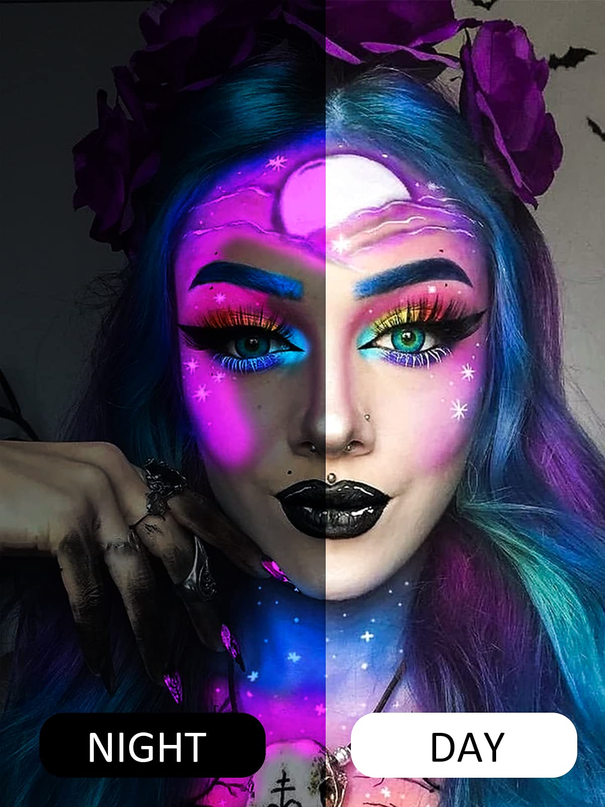 Kalolary 24 Colors Glow in the Dark Makeup Eyeshadow Face Paint Palette, Highly Pigmented Neon Eyeshadow Palette Matte and Glitter UV Glow Blacklight Party Make up